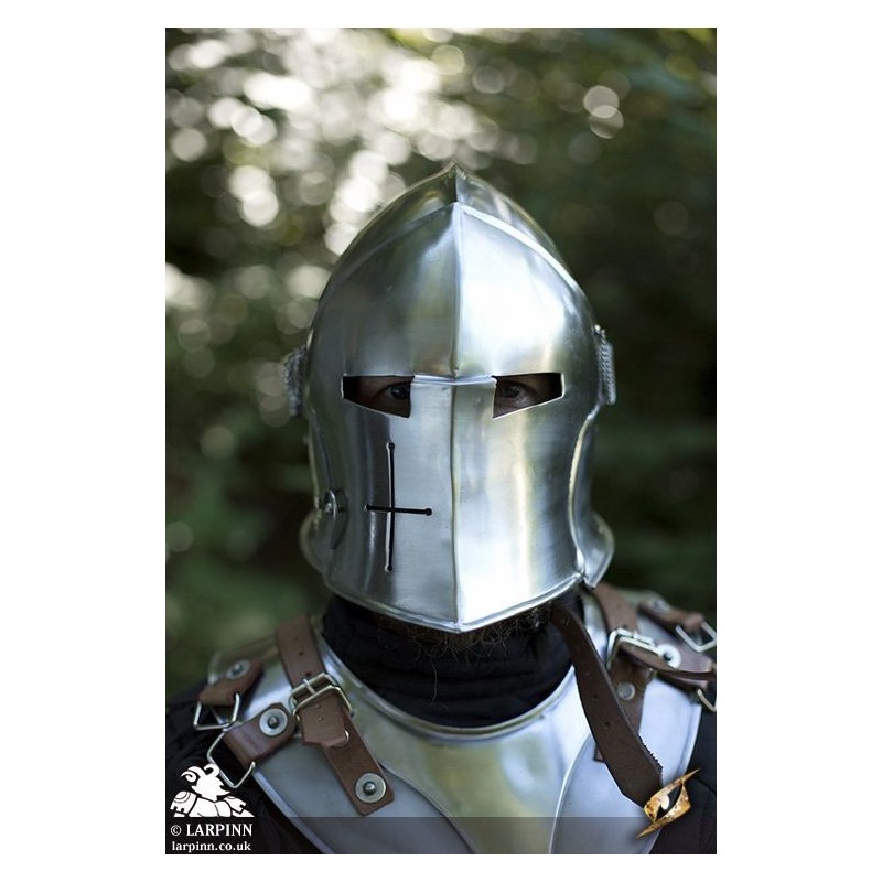 Visored Barbuta Helmet - Plain Steel - LARP Knight Plate Armour