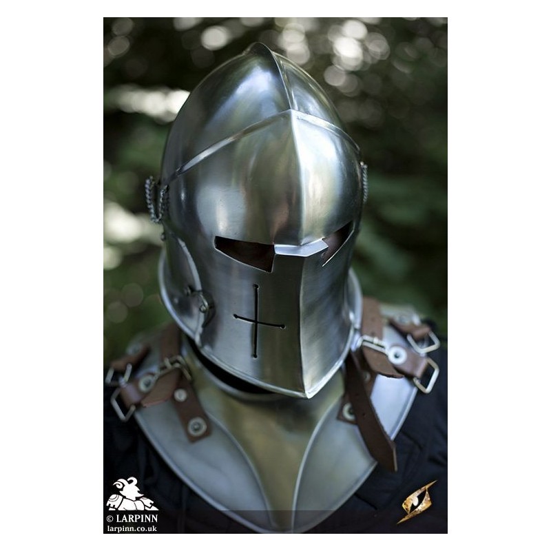 Visored Barbuta Helmet - Plain Steel - LARP Knight Plate Armour